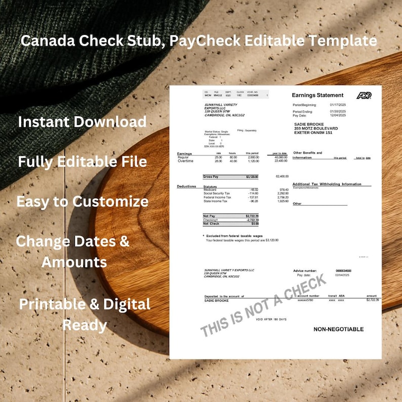 Canada Pay Stub Template Editable PDF, Canadian Check Stub & Payroll ...