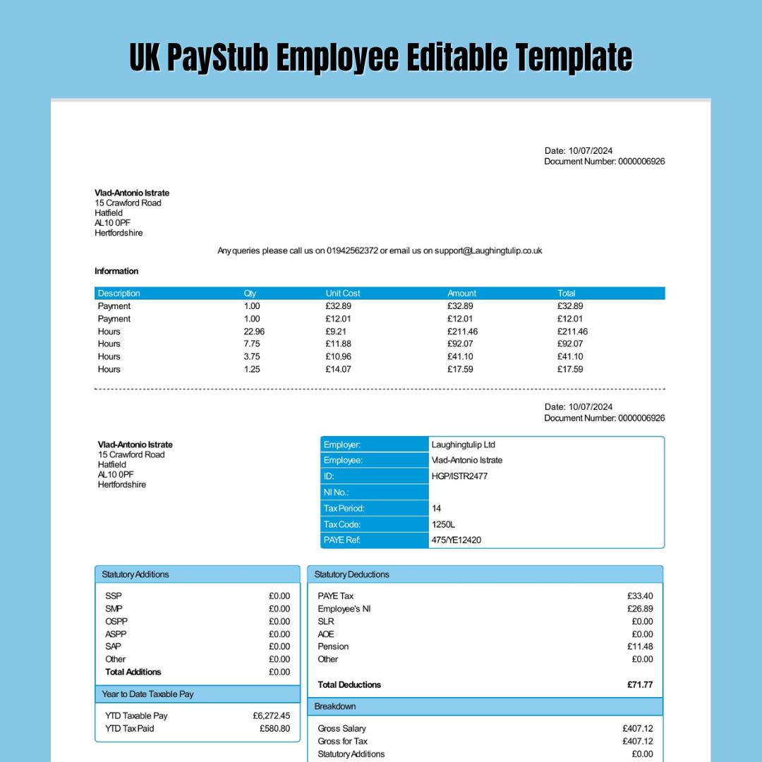 Employee Paystub Template, Editable Payslip PDF, Salary Slip, Payroll ...
