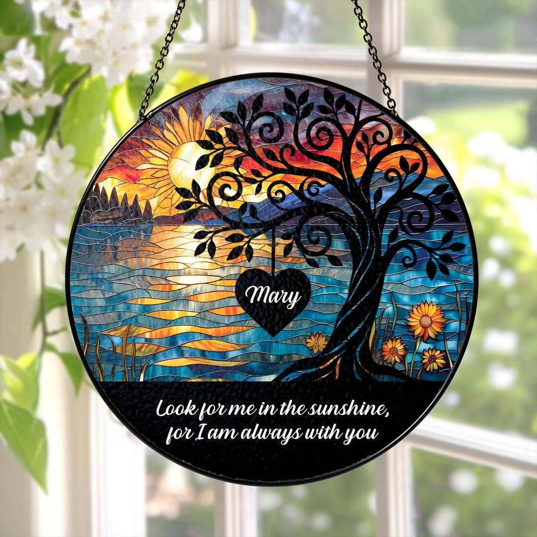 Custom Memorial Suncatcher With Name, Sunset Tree of Life Remembrance ...