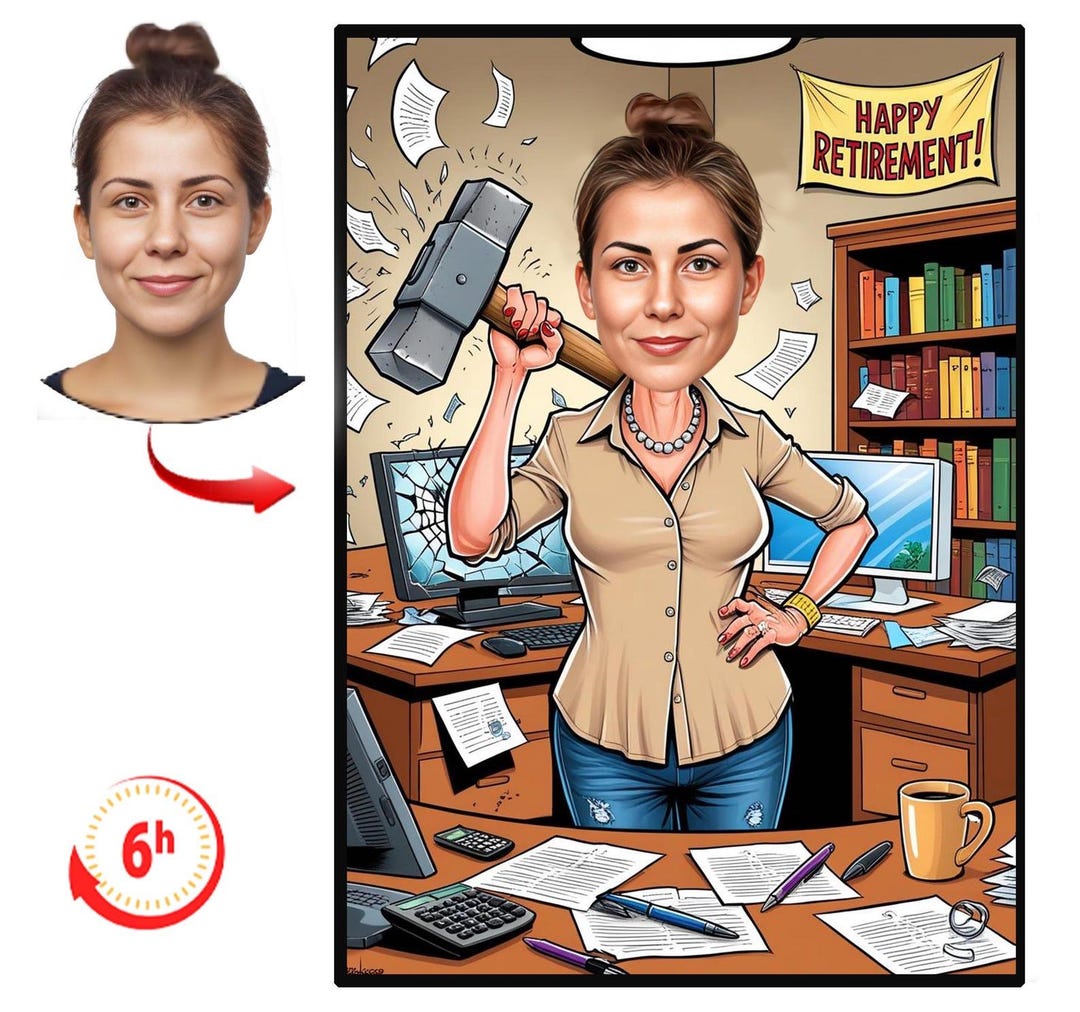 Retirement Female Cartoon Portrait, Custom Retirement Caricature ...