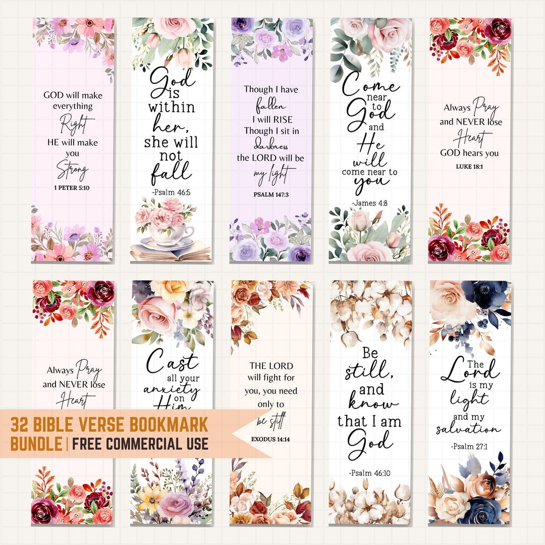 Bible Verse Bookmark PNG Bundle: Christian Scripture, Floral Design ...