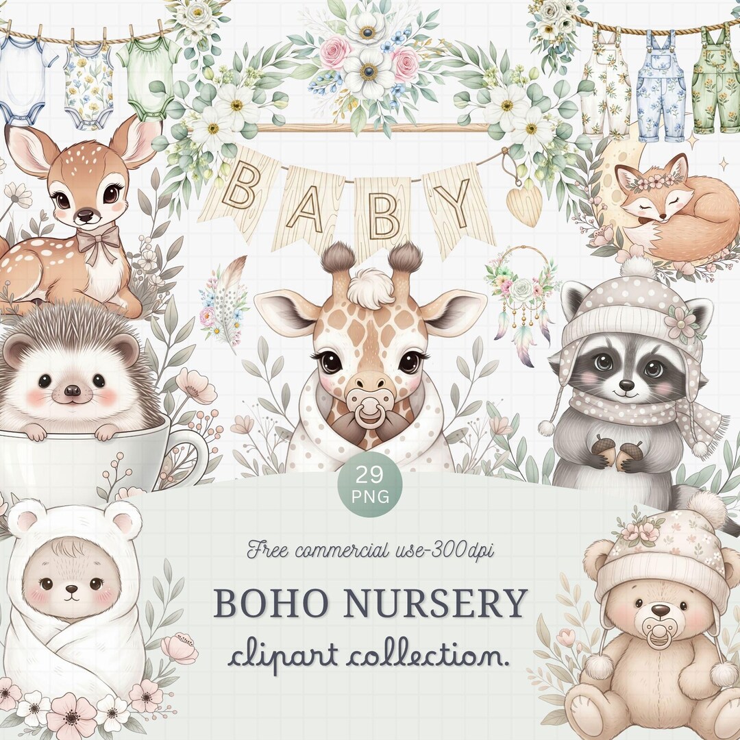 Boho Nursery Clipart | Baby Shower PNG Set | Woodland Animals | Neutral ...