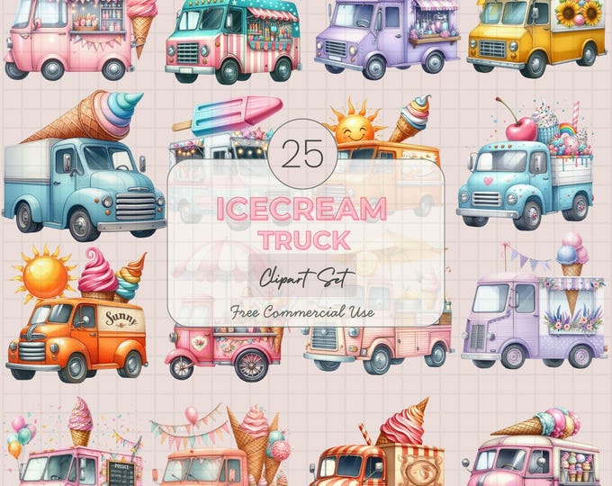 Watercolor Ice Cream Truck Clipart: 25 PNG Summer Party Illustrations ...