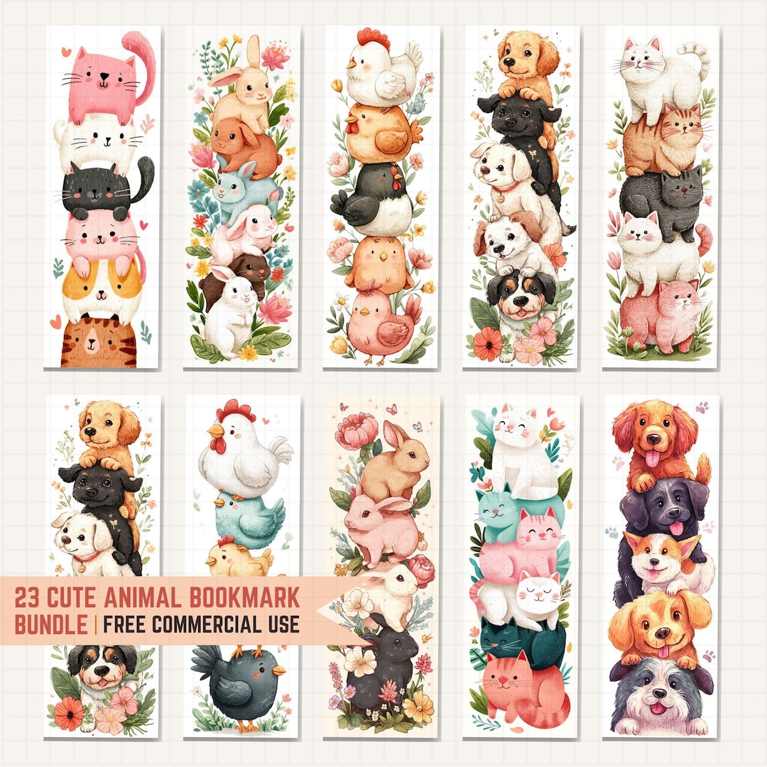 Kawaii Animal Bookmarks PNG Bundle: Cat, Dog, Bunny, Digital Download ...