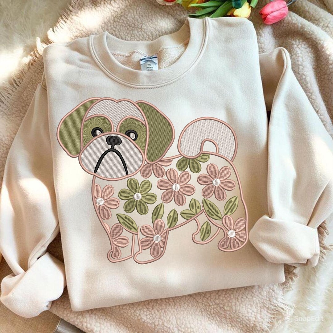Floral Dog Embroidery Design, Cute Puppy Embroidery File, Dog Machine ...