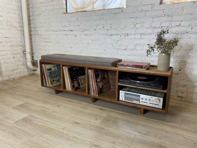 HIFI Vinyl Storage Bench With Component Shelf (with Mid Century Modern ...