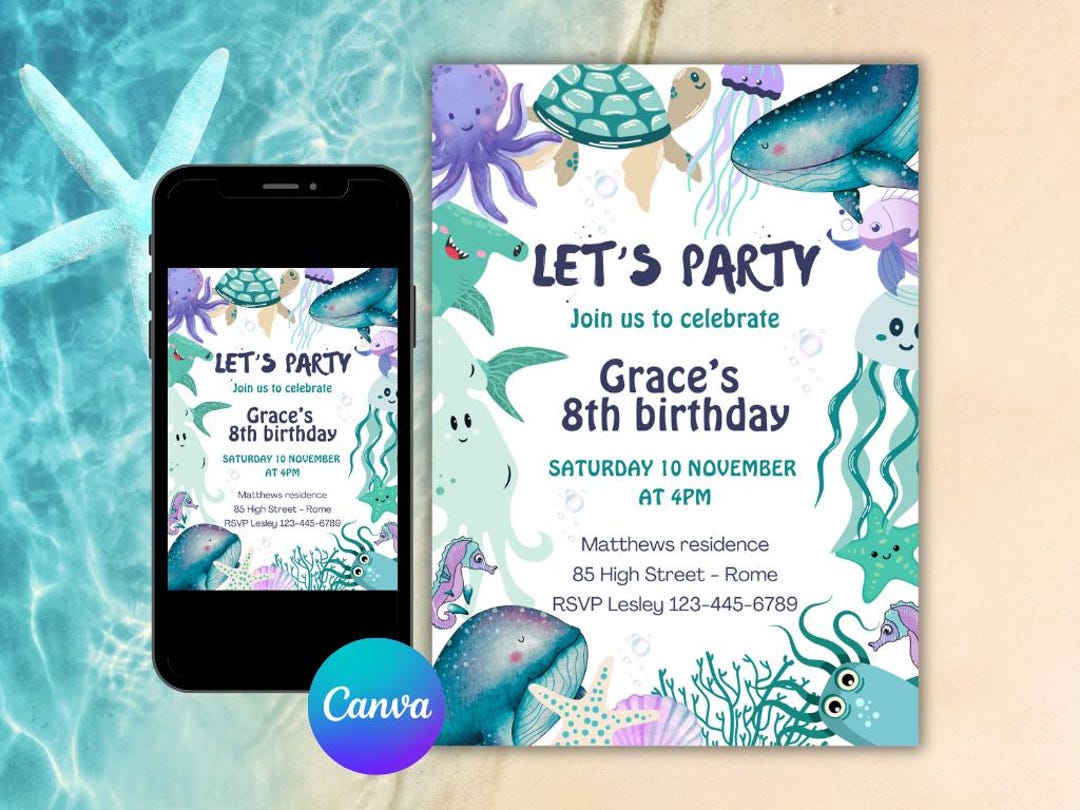 Editable Sea Creatures Birthday Invitation, Under the Sea Birthday ...