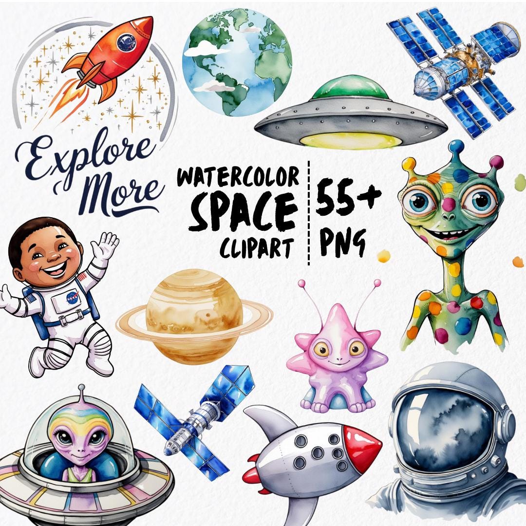 Watercolor Space Clipart Bundle | 60 PNG Elements | Galaxy Planets ...