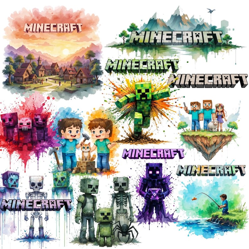 Mine Watercolor PNG Bundle | 26 Digital Gamer Clipart | Mine Characters ...