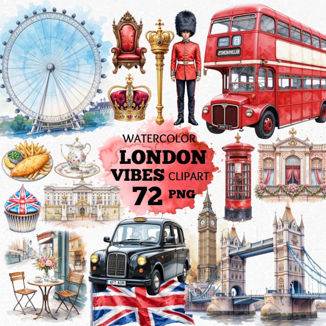 72 Watercolor London Vibes Clipart PNG, Big Ben Illustration ...