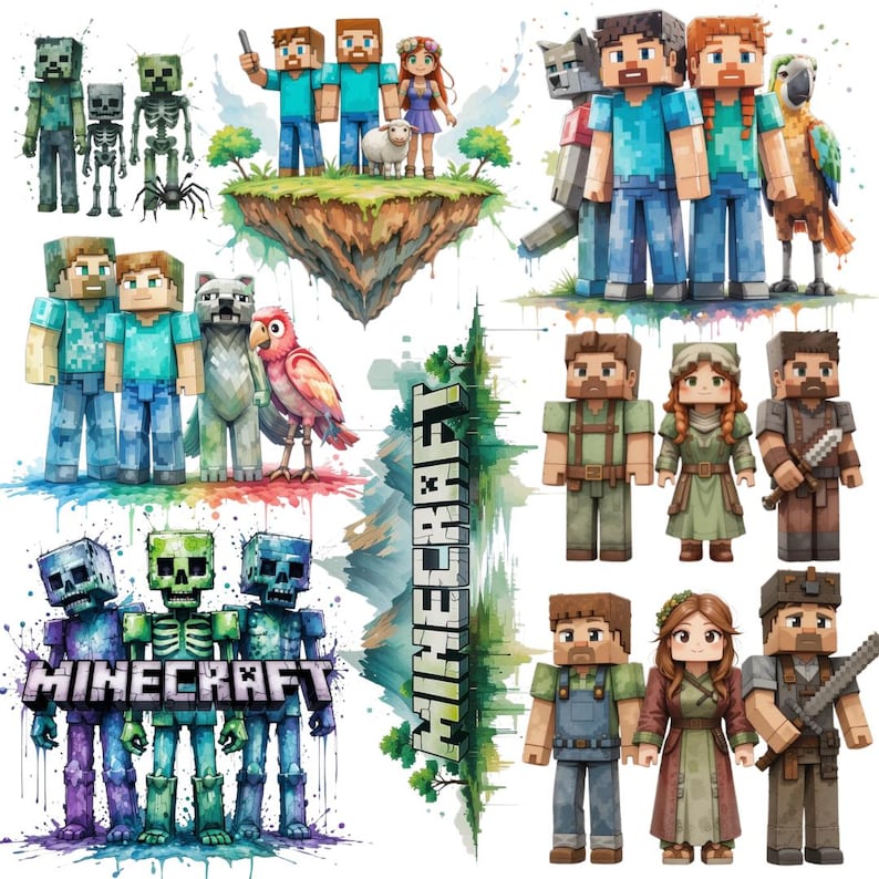 Mine Watercolor PNG Bundle | 26 Digital Gamer Clipart | Mine Characters ...