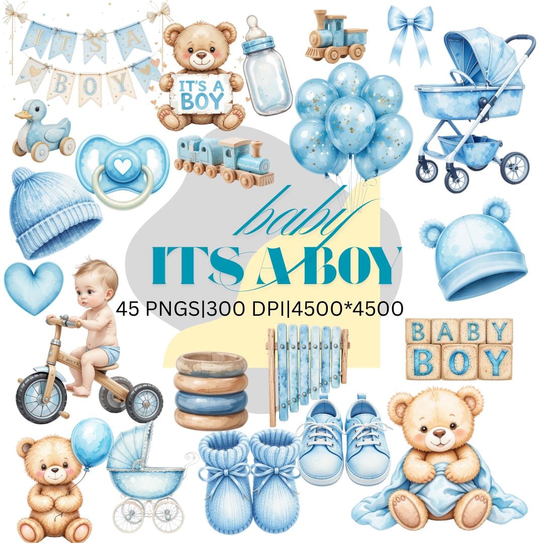 Watercolor Baby Boy Clipart Set Blue Newborn Bundle Shower Illustration ...