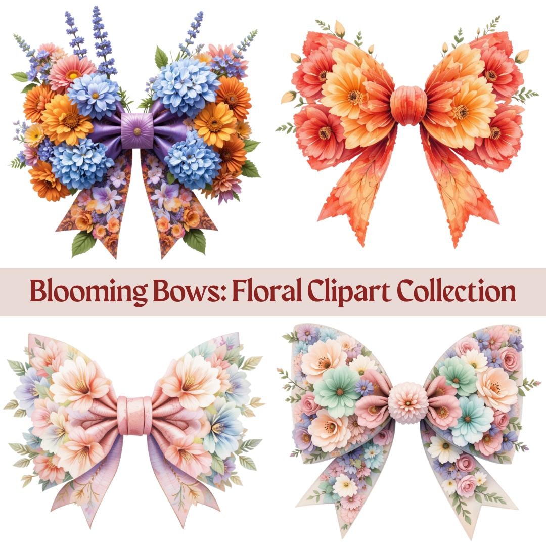 Floral Bow PNG Bundle | Watercolor Flower Clipart Bows | Spring Pastel ...