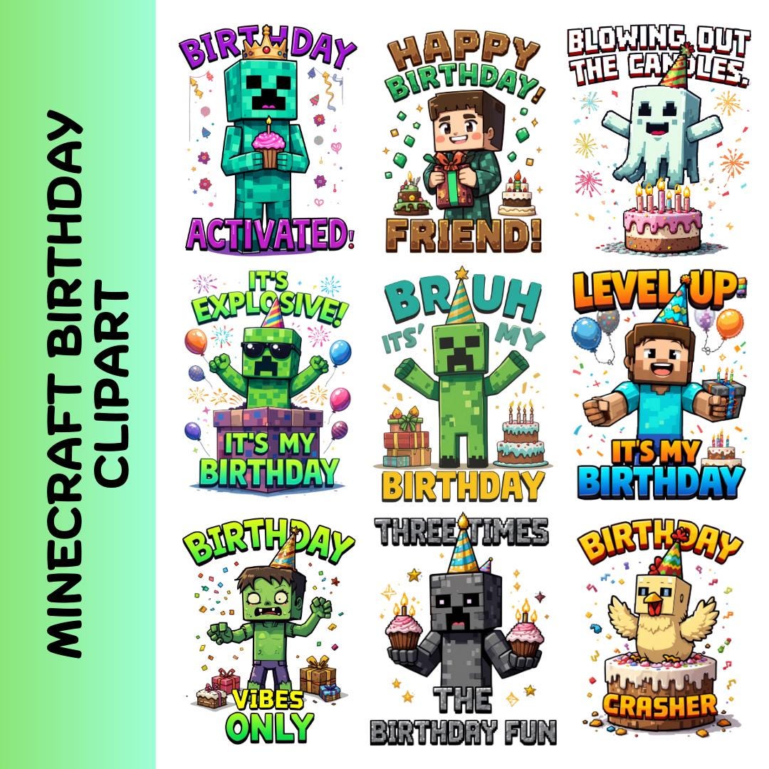 Mine Birthday Shirt PNG Bundle, Creeper Birthday Design, Kids Gaming ...