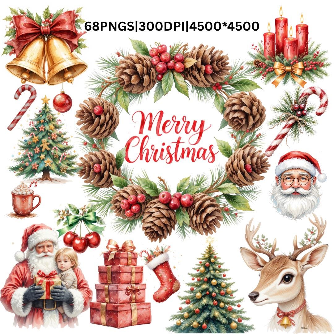 Merry Christmas Watercolor Clipart Bundle 68 Pngs Santa Reindeer Tree ...