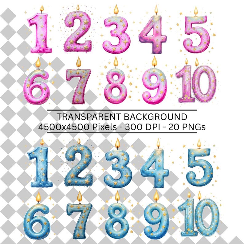 Starry Blue & Pink Birthday Number Candle Clipart Set | 20 PNG Bundle ...