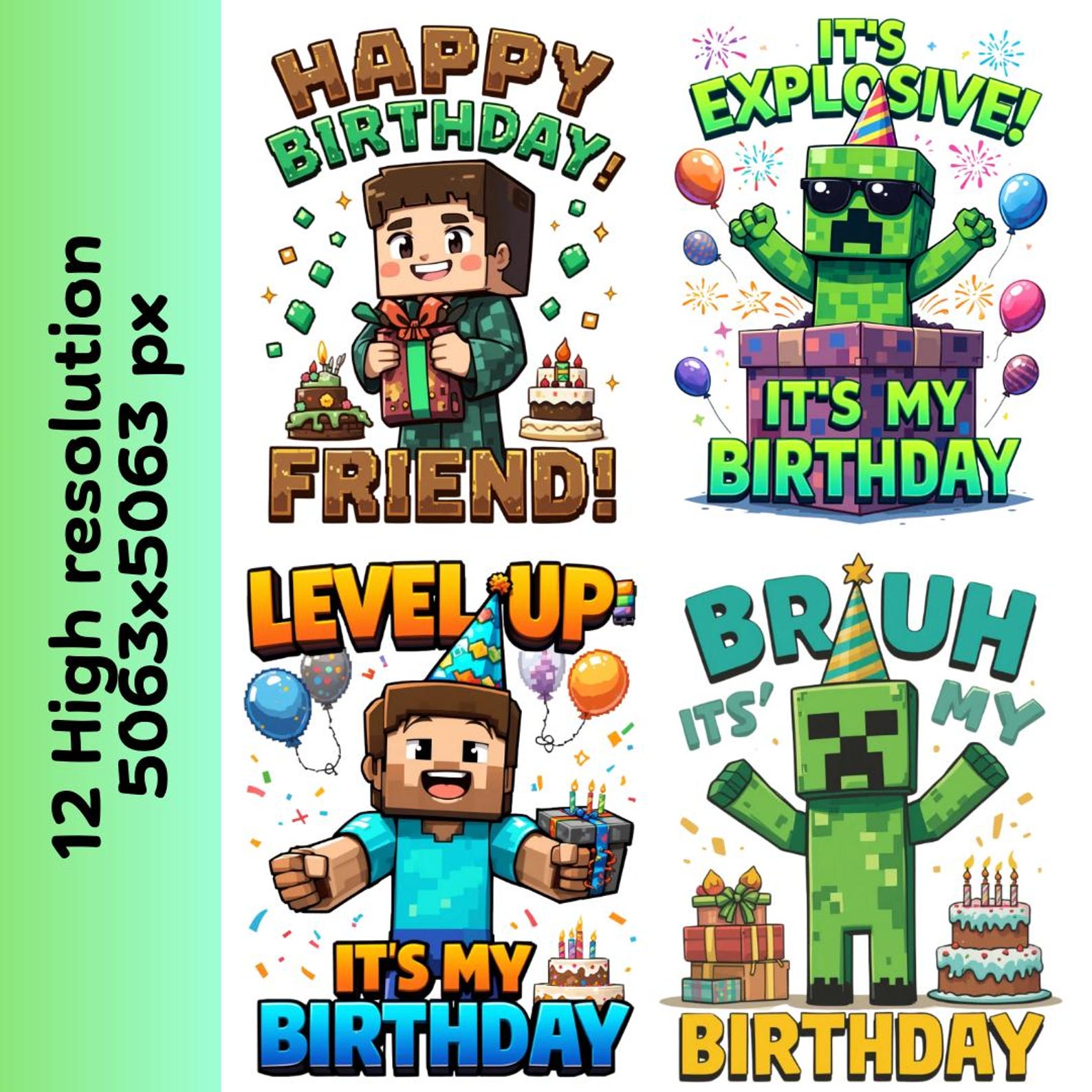 Mine Birthday Shirt PNG Bundle, Creeper Birthday Design, Kids Gaming ...