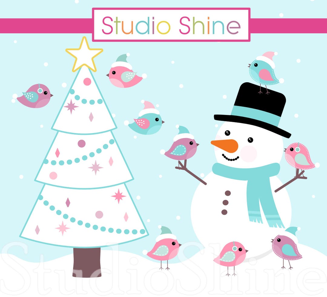 White Christmas Fun Digital Clipart, Cute Snowman and Birds Winter PNG ...