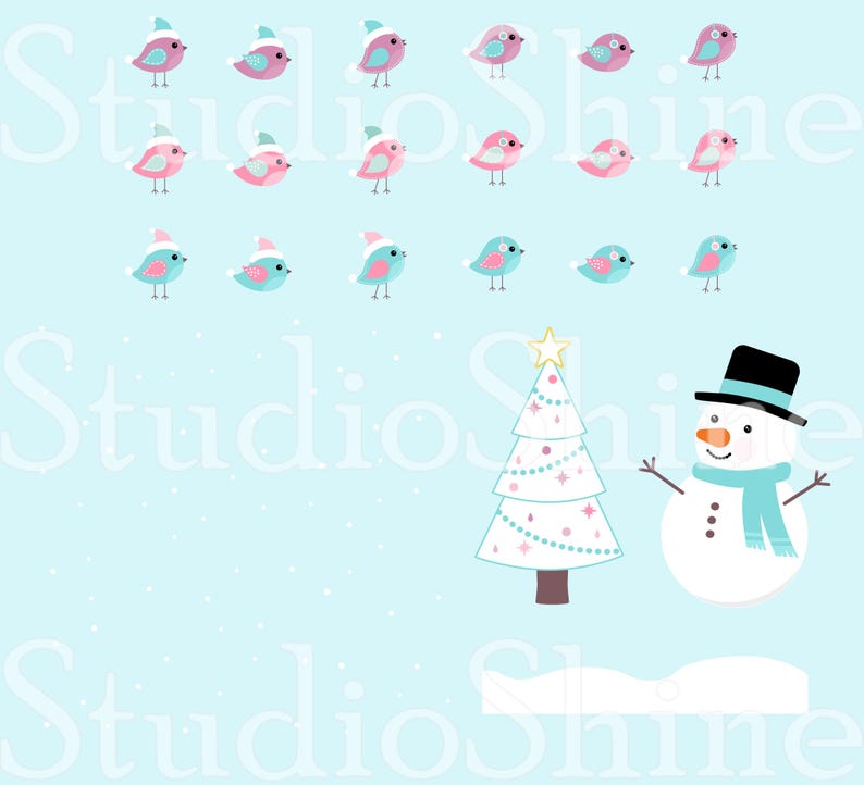 White Christmas Fun Digital Clipart, Cute Snowman and Birds Winter PNG ...