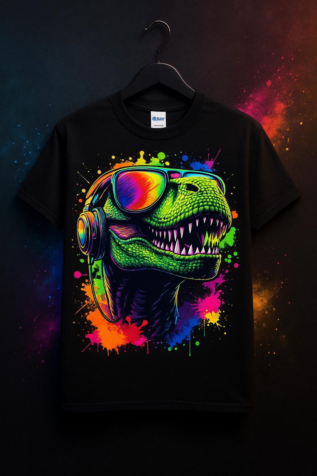 Neon T-rex, DJ Dinosaur, Street Art Splash, Party Gift, Festival Outfit ...