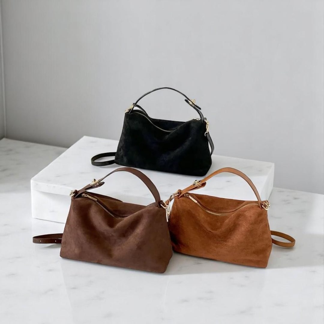 Brown Suede Shoulder Bag | Minimalist Vegan Handbag With Gold Zipper ...