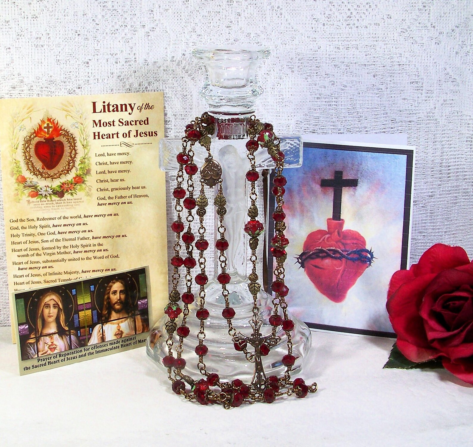 Sacred Heart and Red Roses Heirloom Unbreakable Bronze Catholic Rosary ...