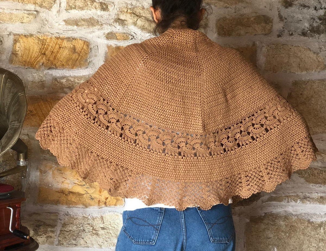 Handmade Vintage Shawl / Vintage Light Brown Shawl / 70s / Boho Shawl ...
