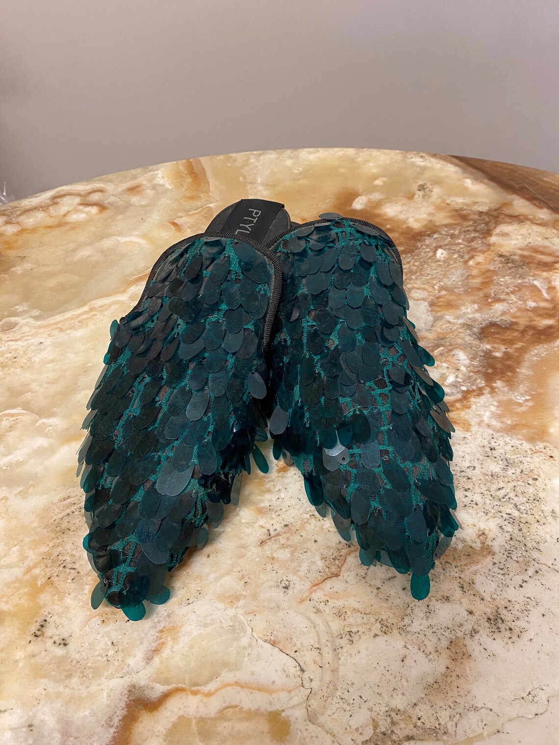 Vintage Green Sequin Flat Boudoir Slippers / Vintage Mules / Slippers ...