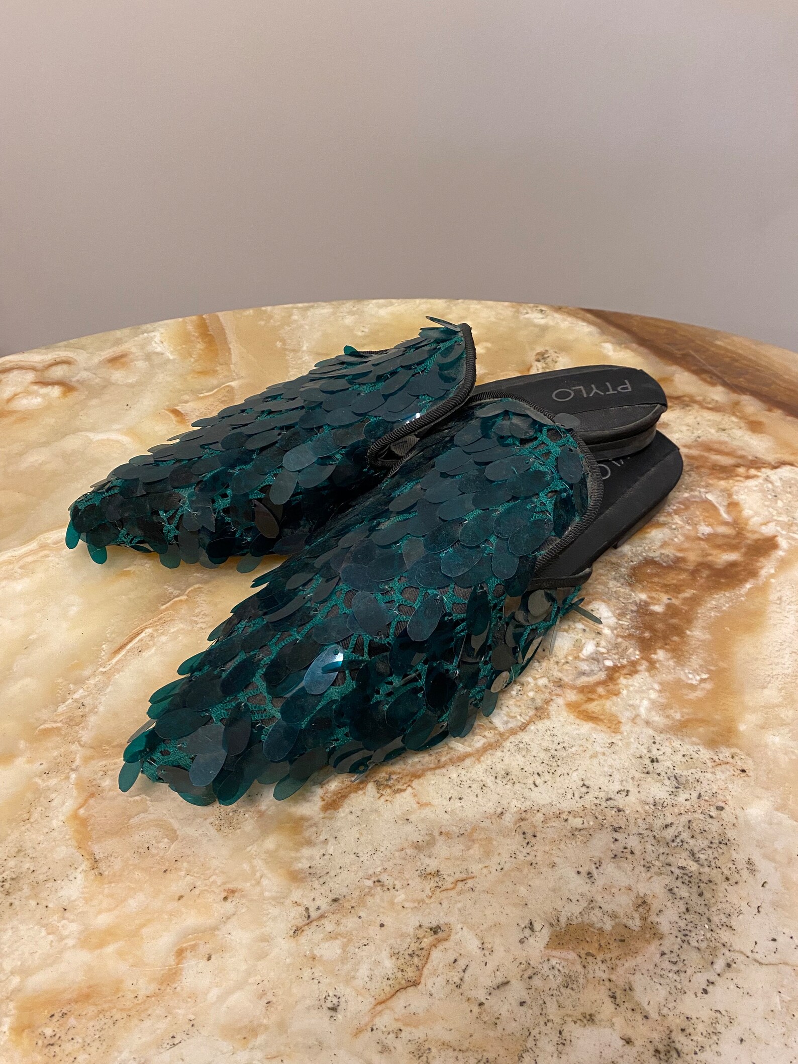 Vintage Green Sequin Flat Boudoir Slippers / Vintage Mules / Slippers ...