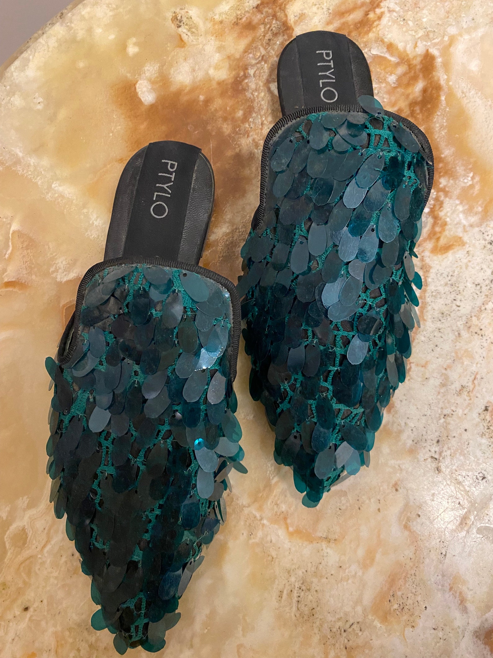 Vintage Green Sequin Flat Boudoir Slippers / Vintage Mules / Slippers ...