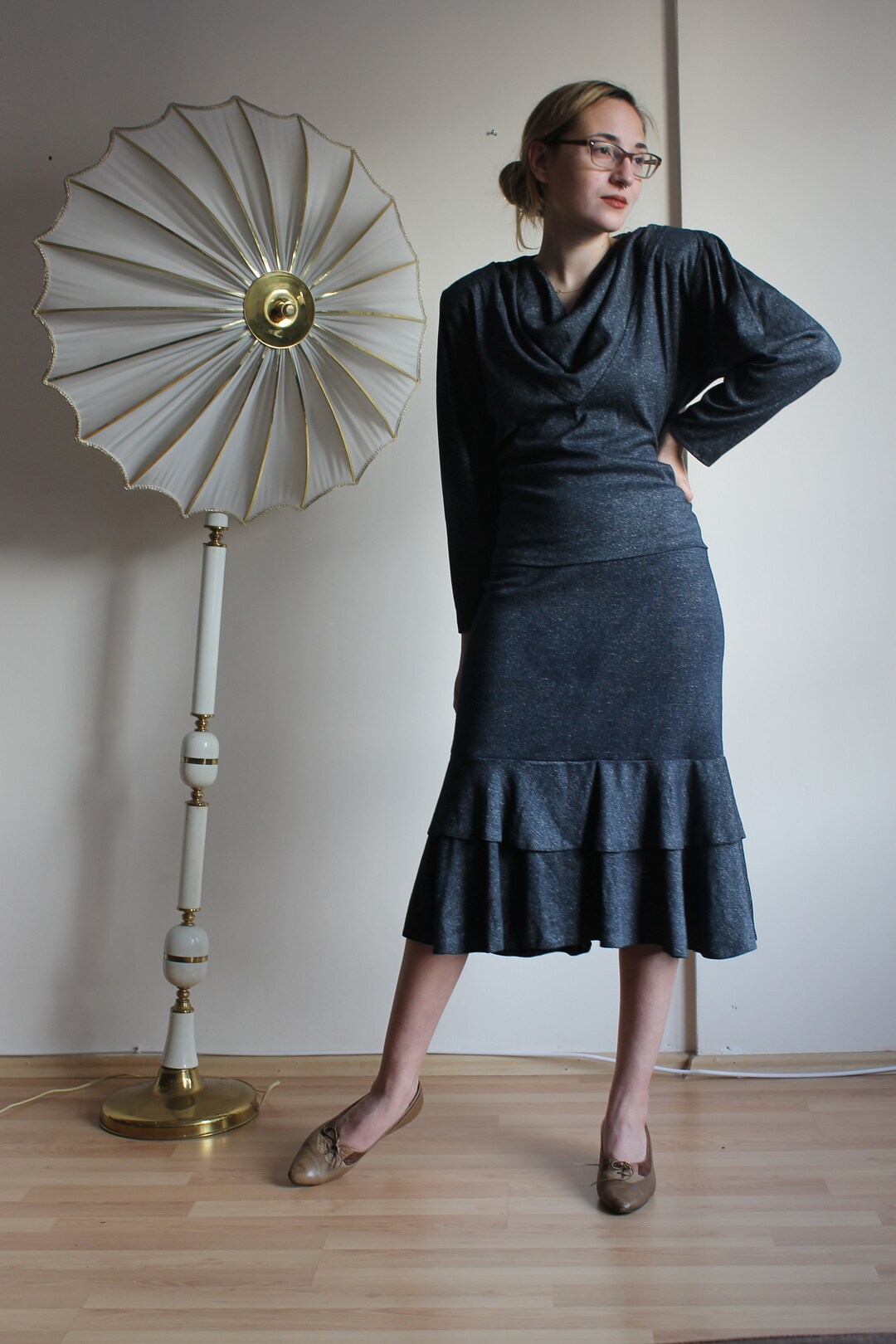 Vintage 2-piece Suit With Ruffled Hemline, Cowl Neck, and Shoulder Pads ...