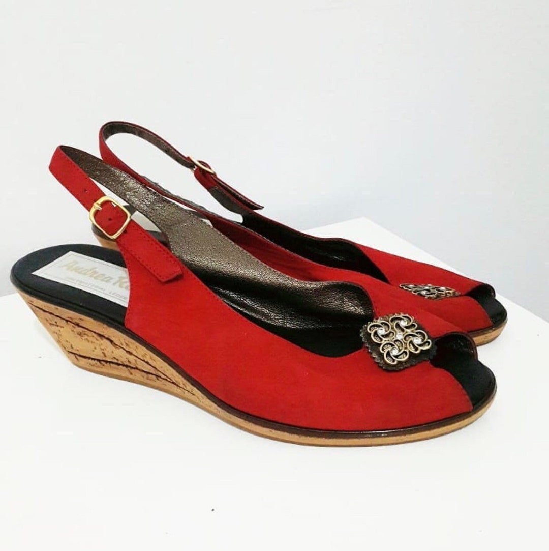 Vintage Red Andrea Renzi Sling Back Cork Heel Shoes / High Heels ...