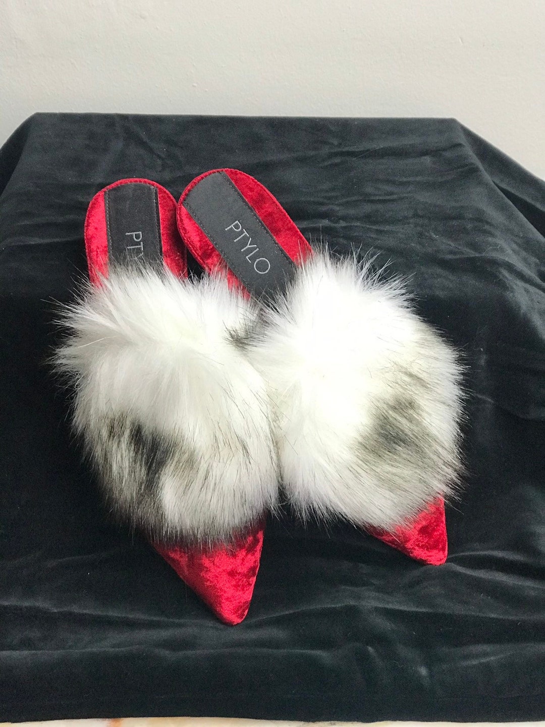 Vintage Bright Red Velvet Flat Boudoir Slippers With Chunky Pom Poms ...