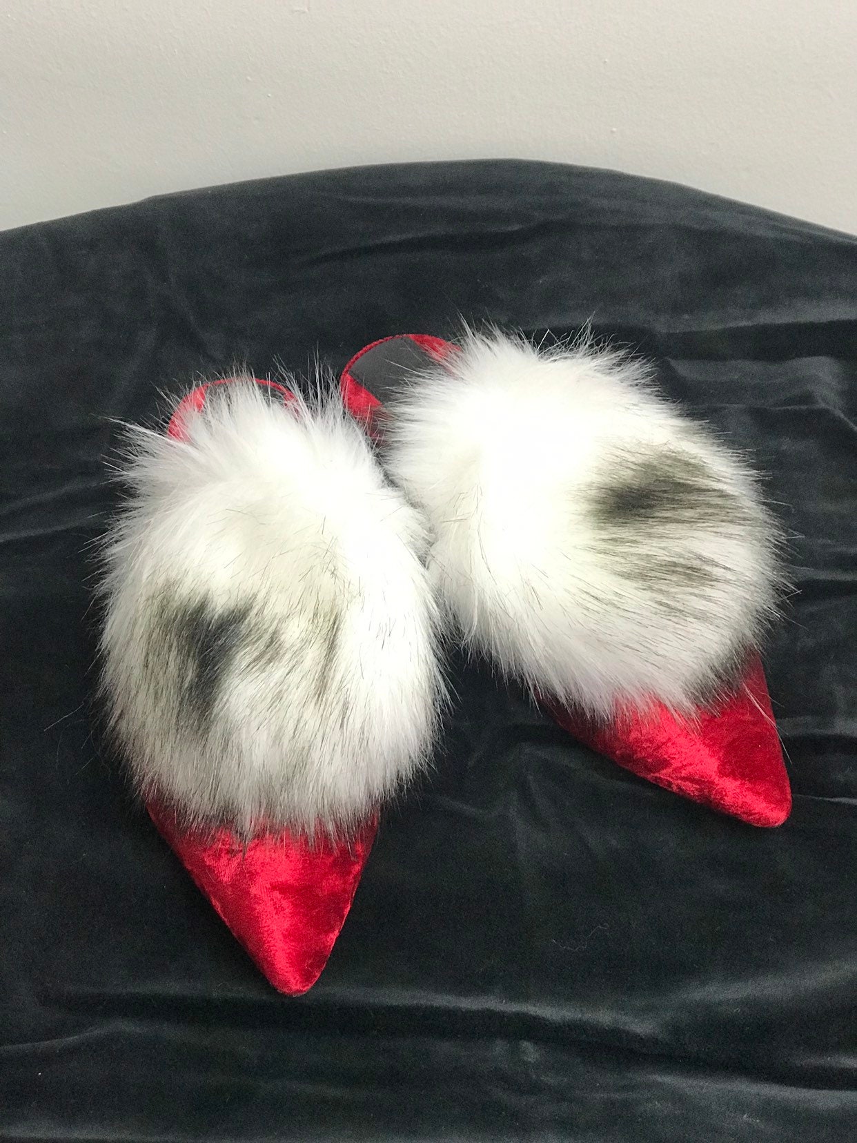 Vintage Bright Red Velvet Flat Boudoir Slippers With Chunky Pom Poms ...