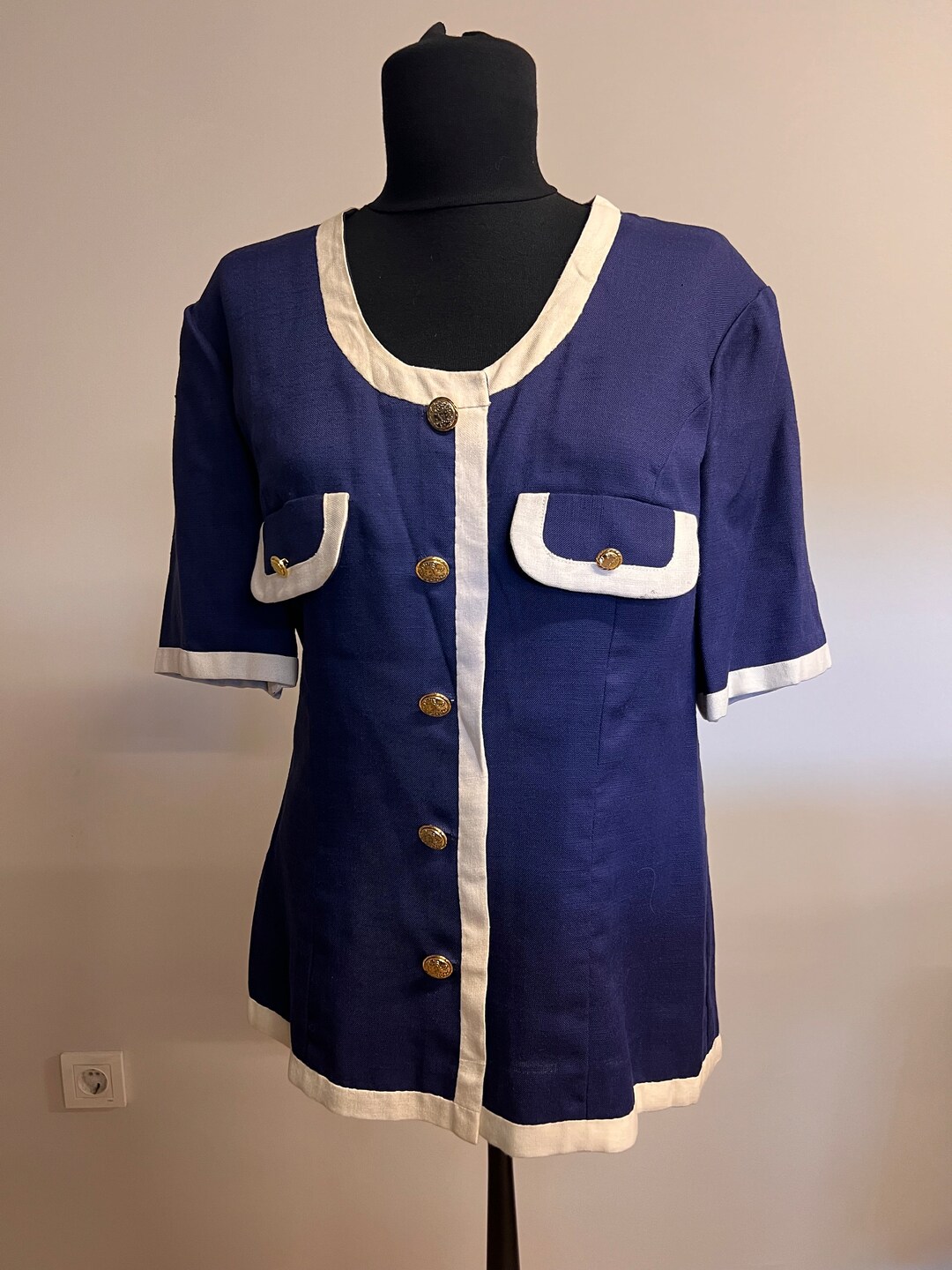 1980s Vintage Navy Blue Sailor Blouse / Short Sleeve Button Down Shirt ...