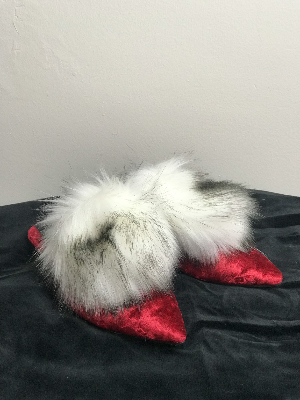 Vintage Bright Red Velvet Flat Boudoir Slippers With Chunky Pom Poms ...