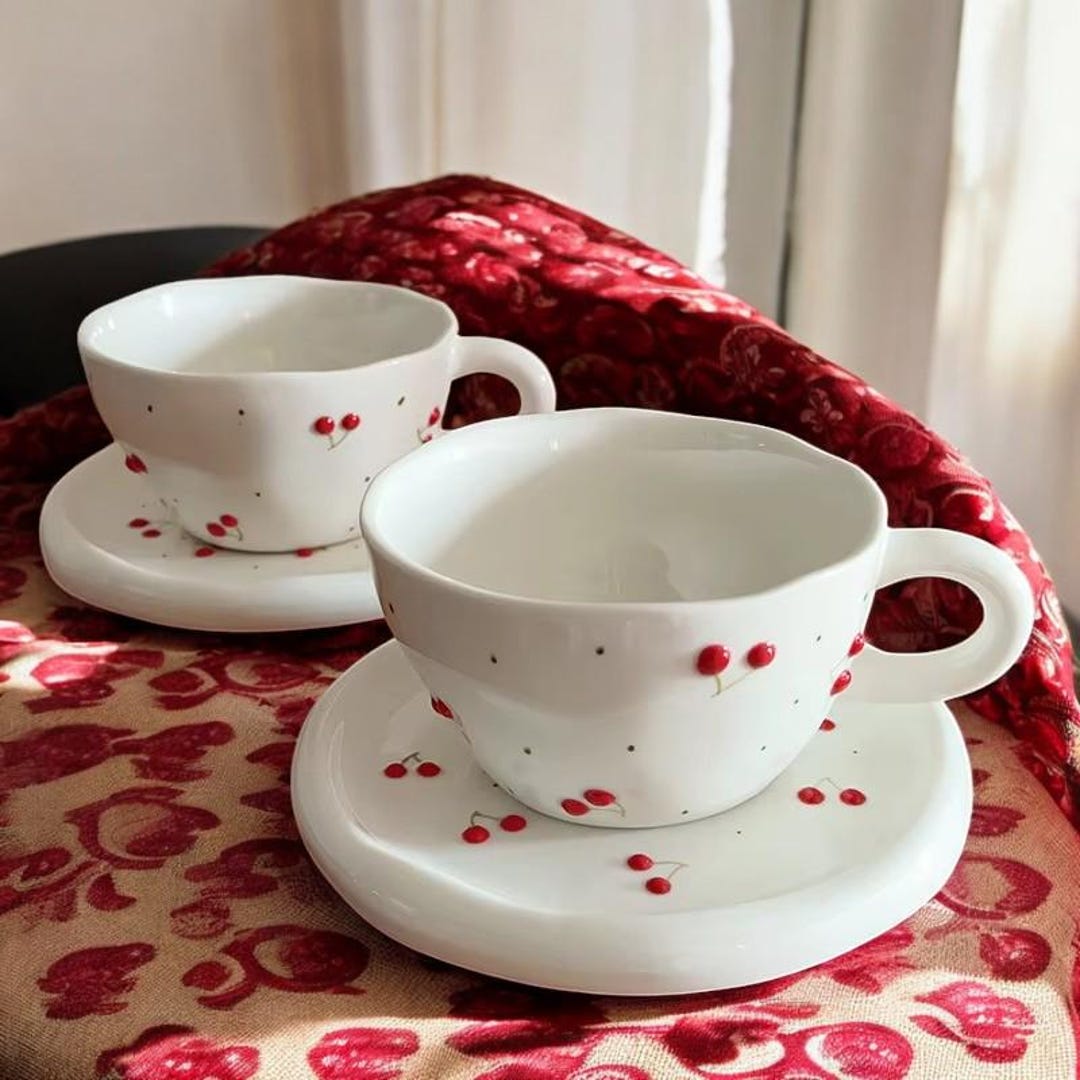 Ceramic Cherry Mug & Coaster | Embossed Cherry Mug | Fruit Themed Mug ...