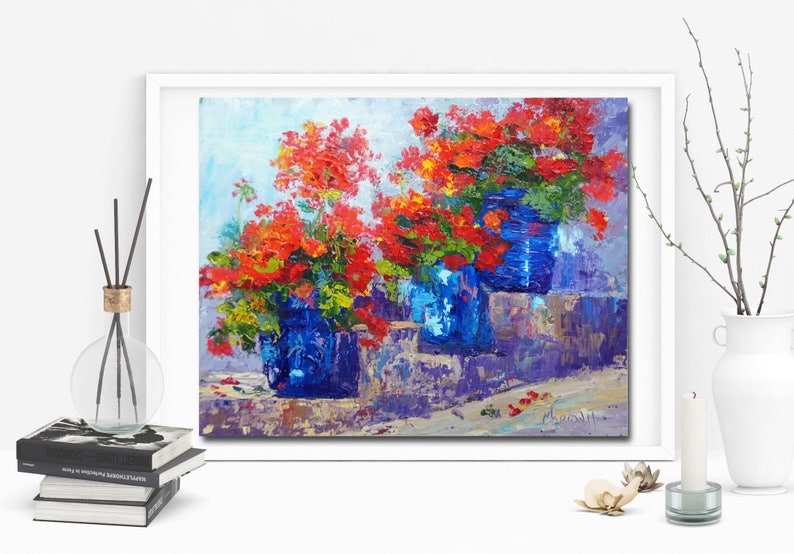 Impressionist Red Geraniums in Blue Pots, Original Oil Floral Painting ...