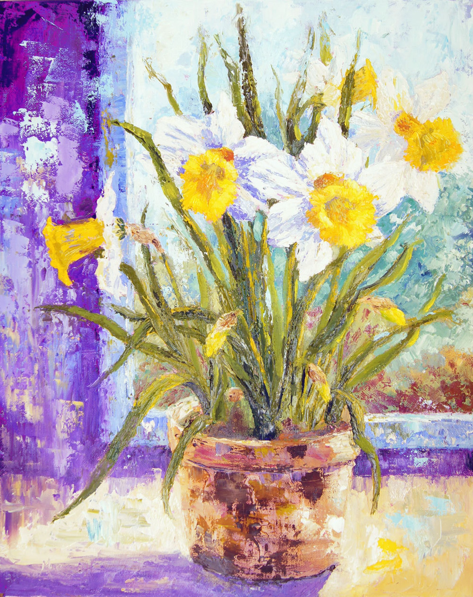Impressionist Floral Oil Painting, Spring Flowers, Daffodils, Modern ...