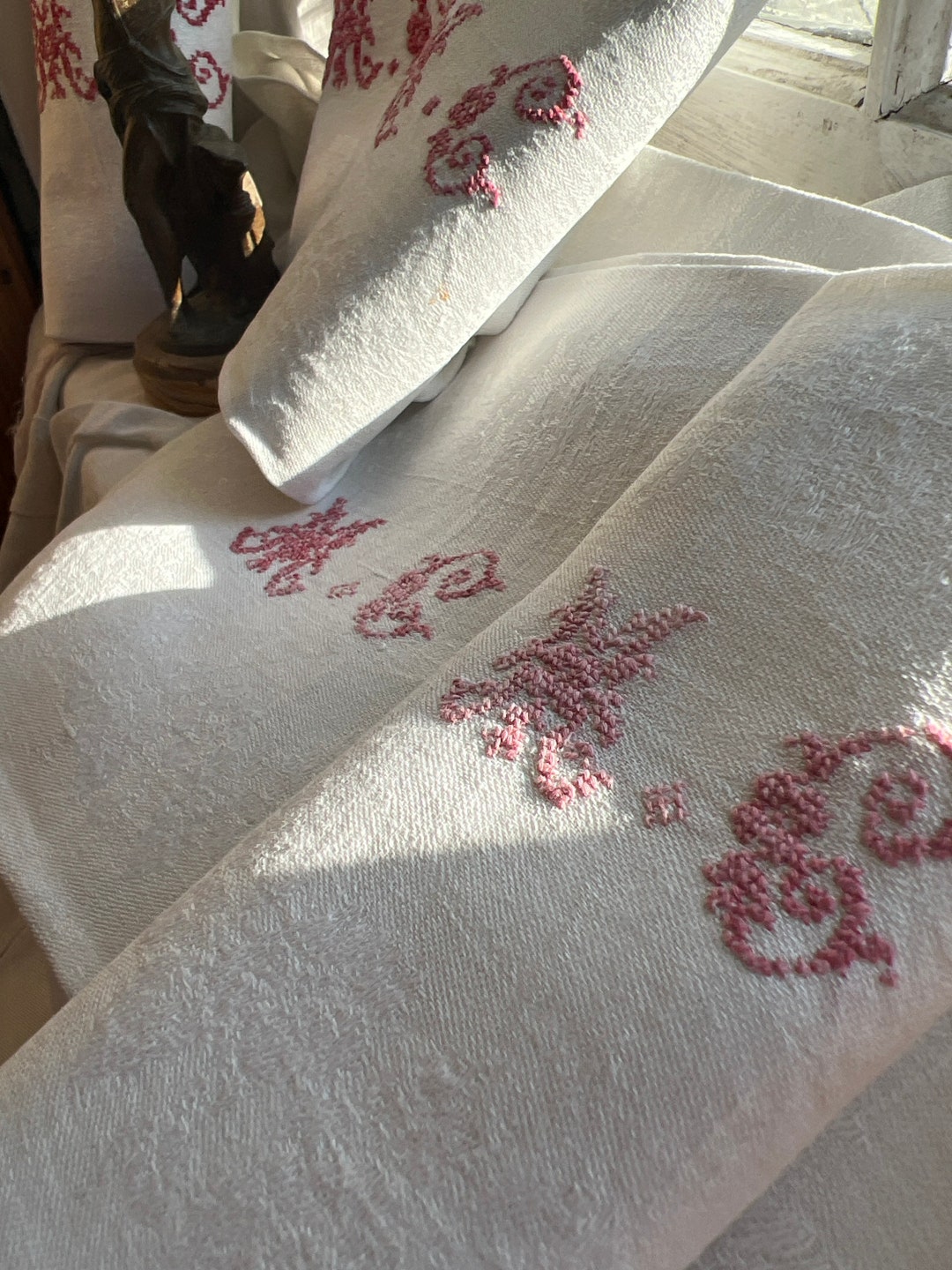 Vintage Cotton Serviettes, Monogram MC French Table Linen. Damask ...