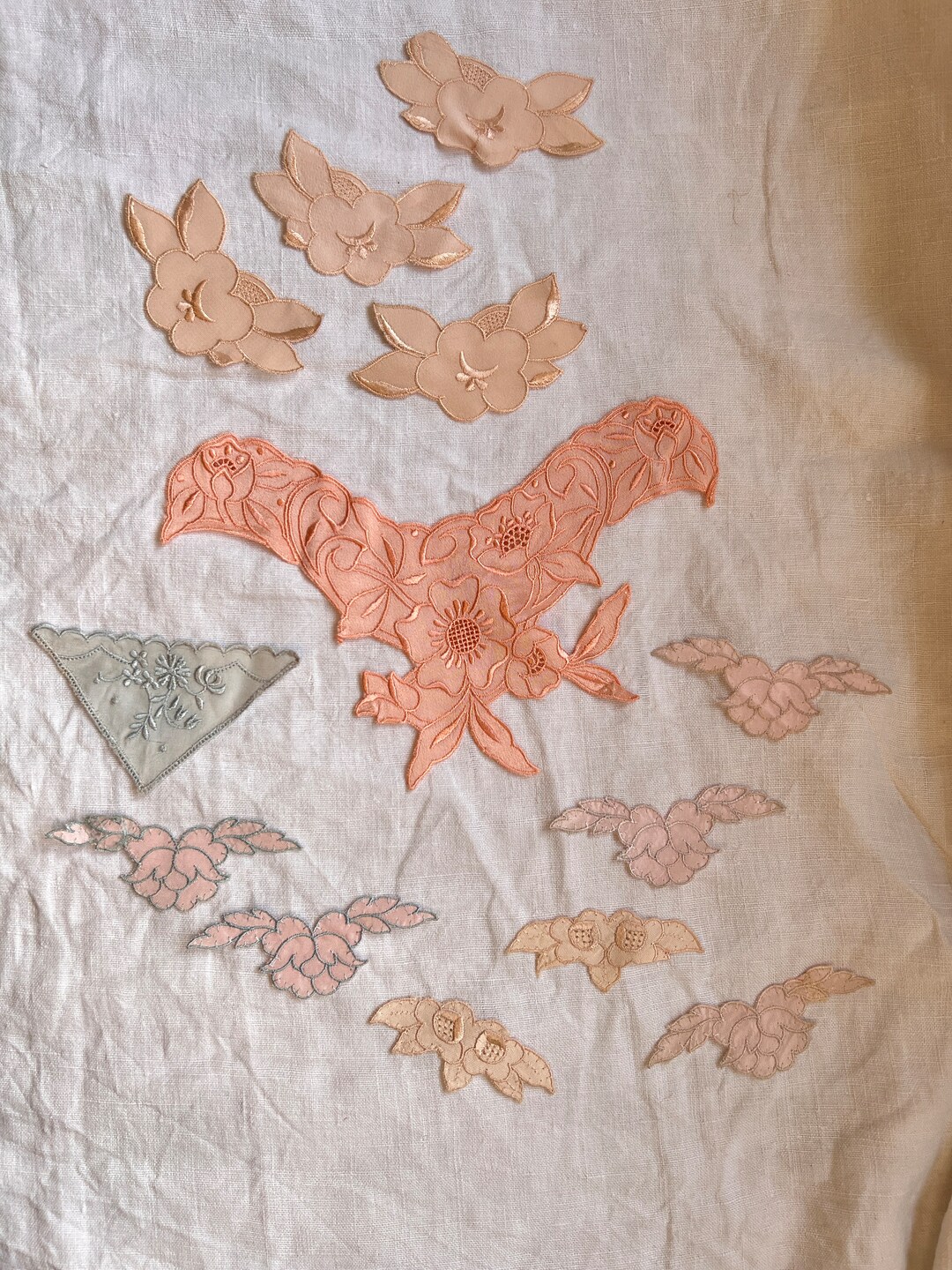 Vintage Lace Appliqués, Pink Collar & Blue Fabric. French Sewing ...