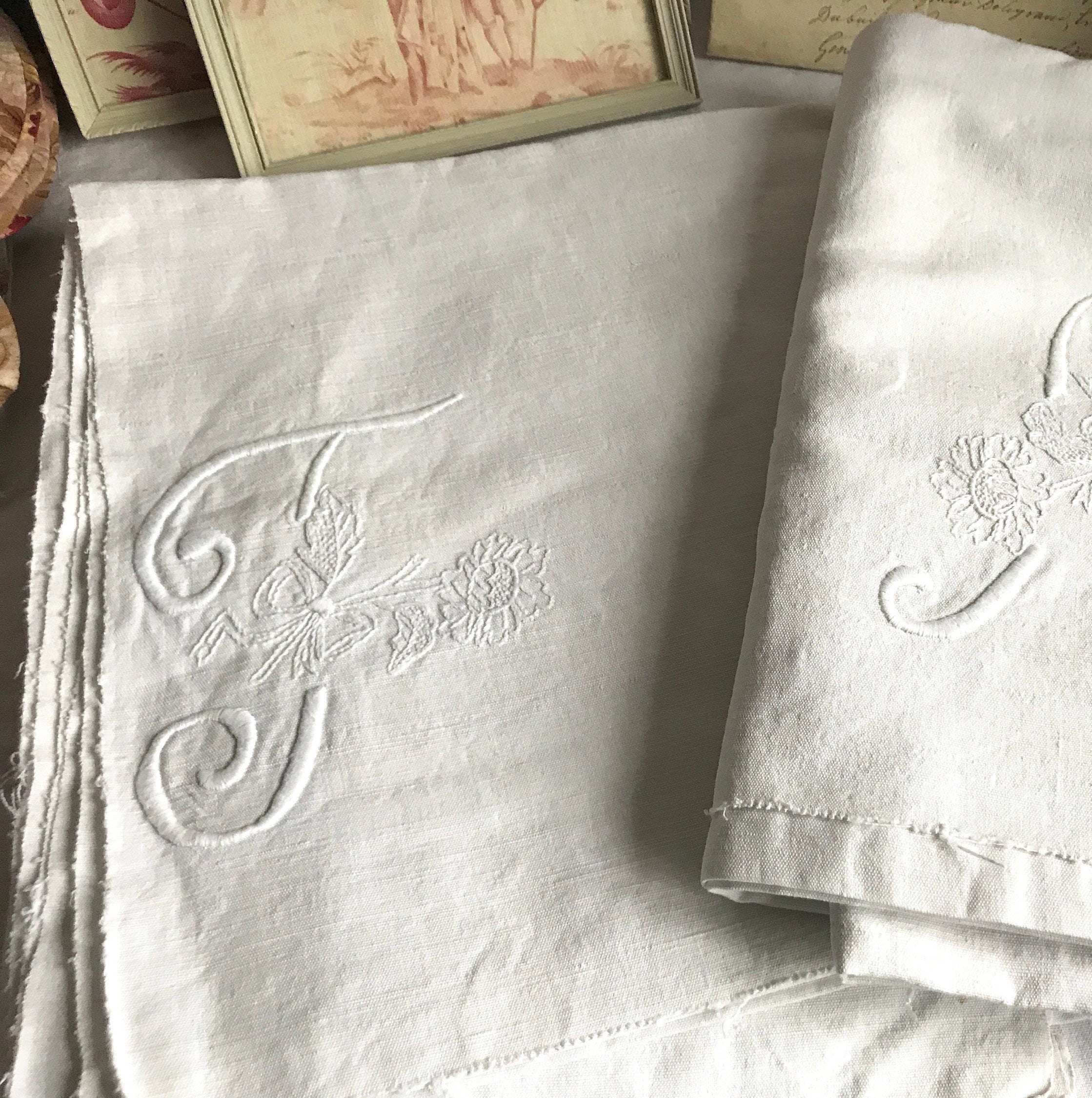 Vintage French Linen Fabric Monogram F.M Kitchen & Dining Home & Living ...