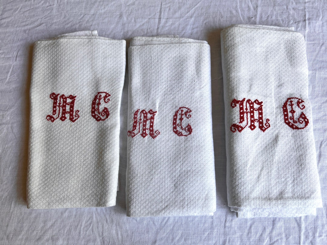 Vintage Tea Towels, 3pc French Serviettes, Hostess Gift / Red Monograms ...