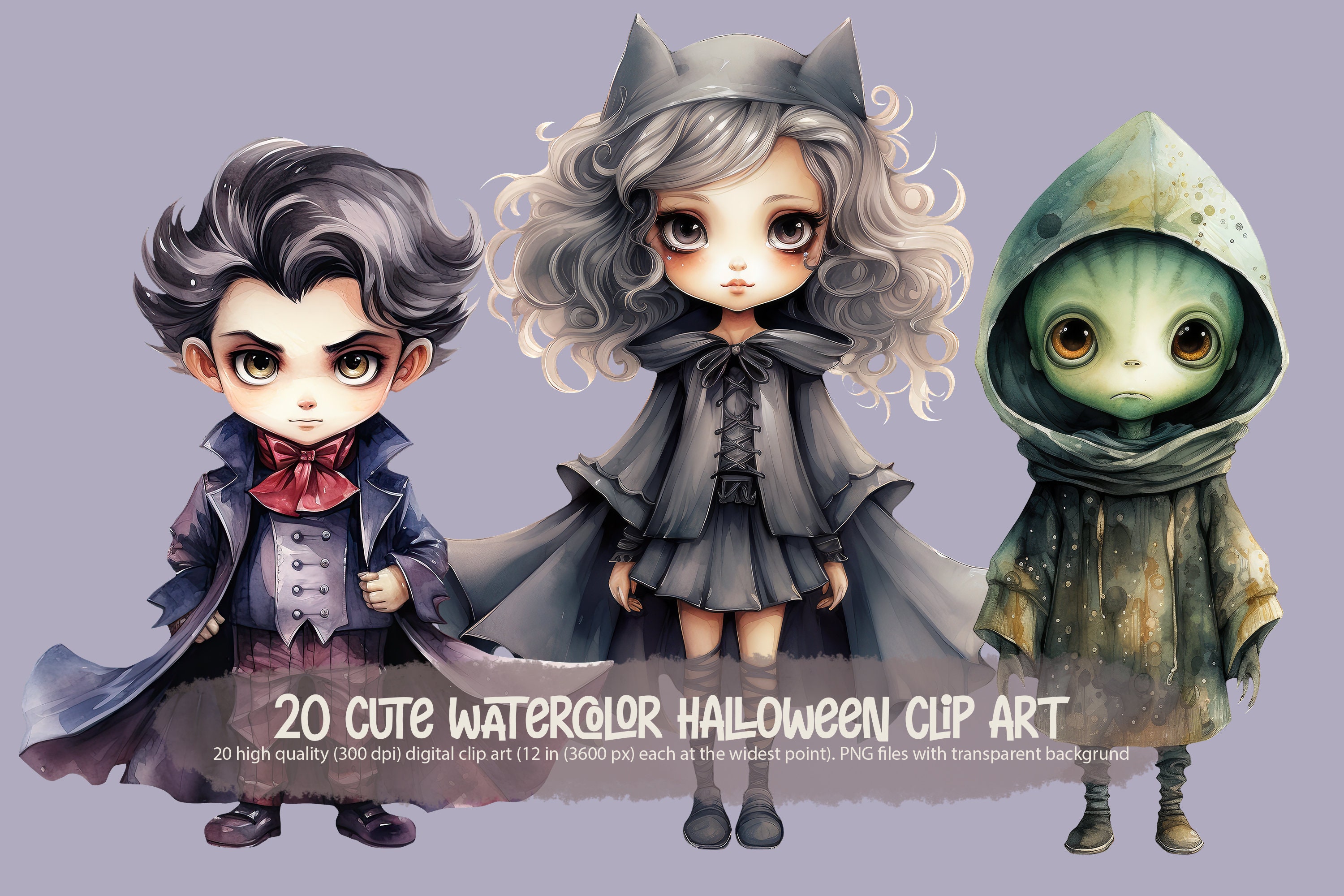Cute Halloween Watercolor Clipart Characters, Halloween PNG Images ...