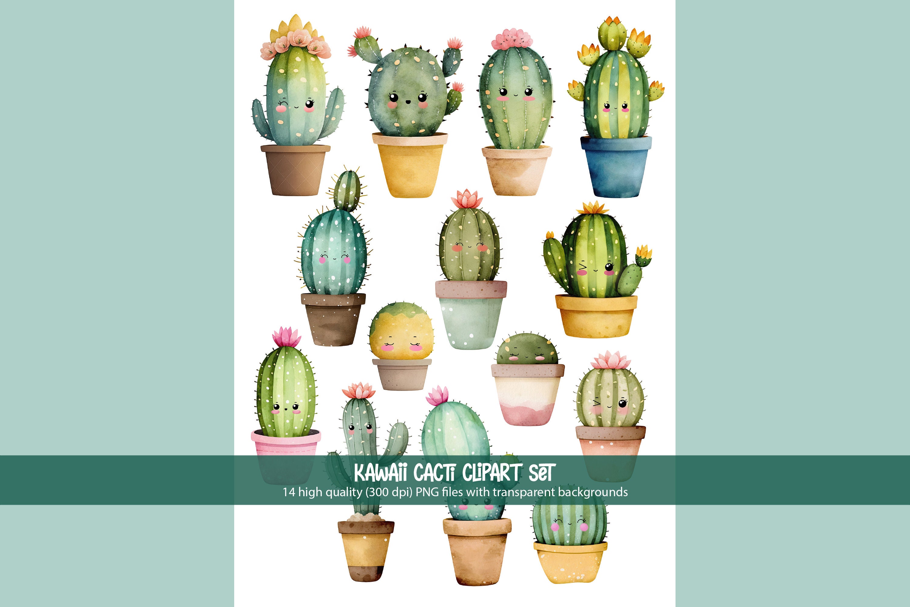 Cute Kawaii Cactus Clip Art - 14 High-quality PNG Files, Cactus Graphic ...