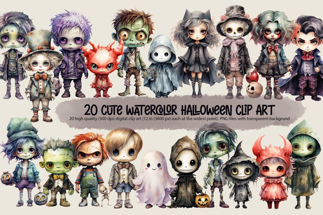 Cute Halloween Watercolor Clipart Characters, Halloween PNG Images ...