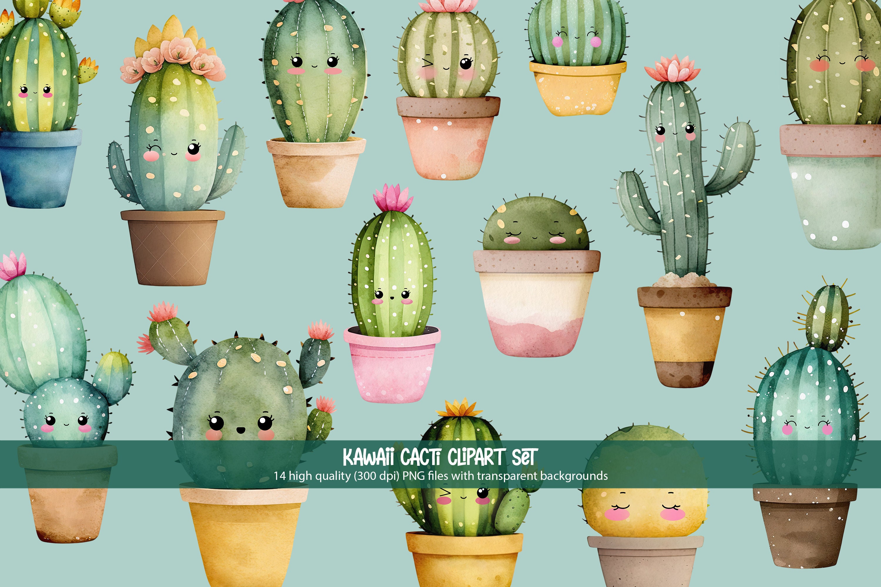 Cute Kawaii Cactus Clip Art - 14 High-quality PNG Files, Cactus Graphic ...