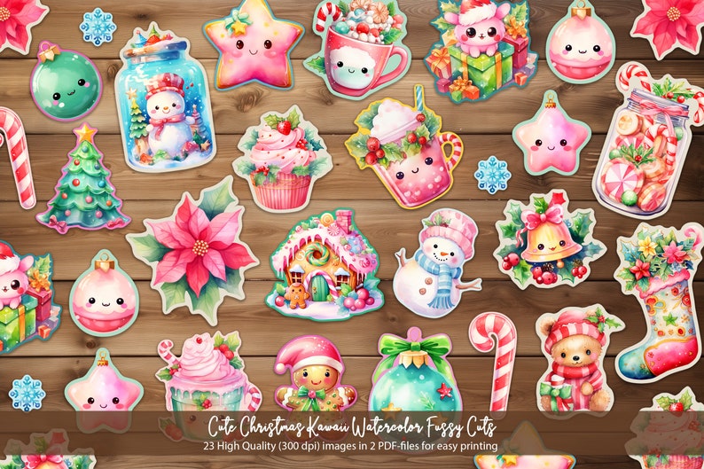 Cute Kawaii Christmas Clipart | Watercolor Christmas Fussy Cuts ...