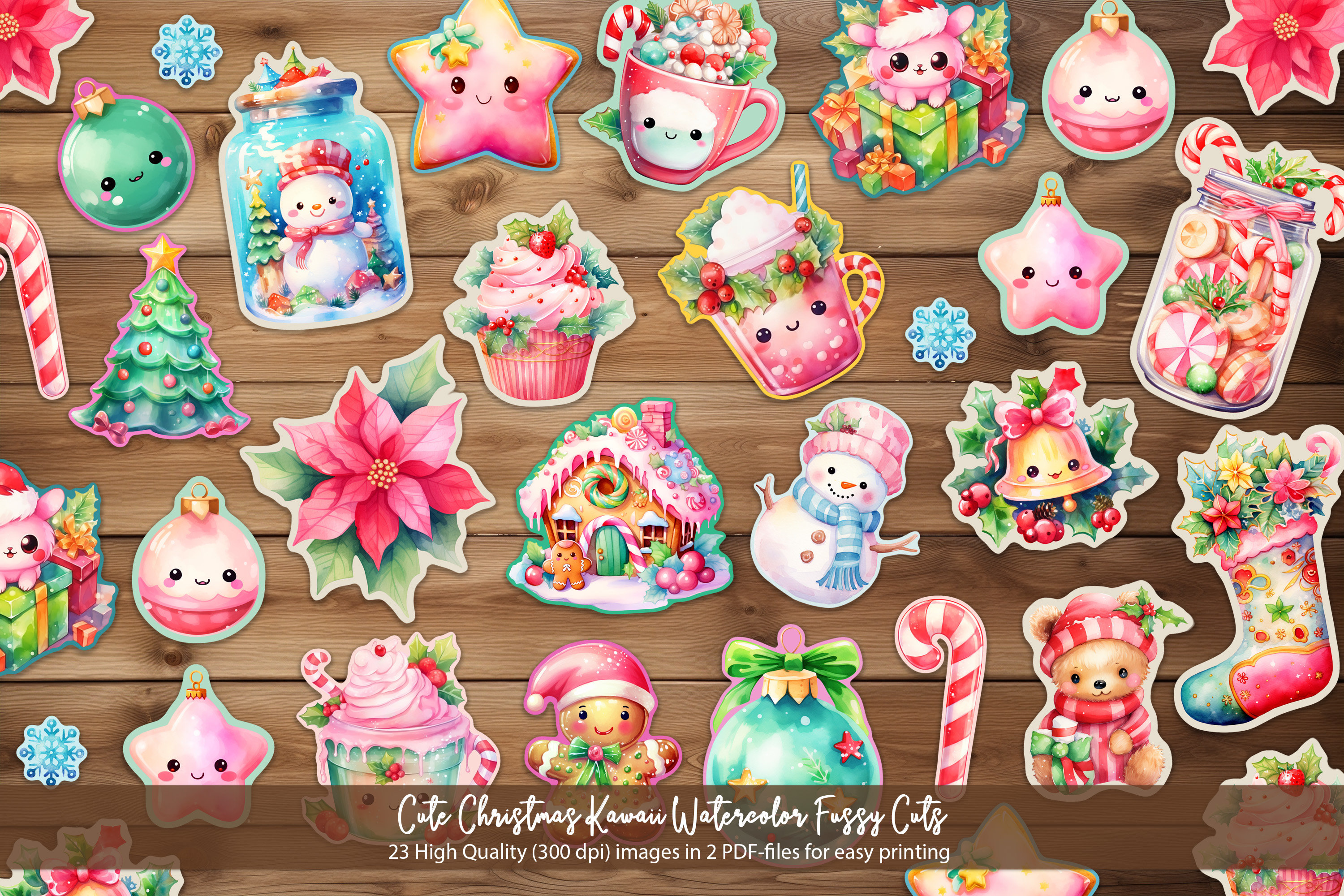Cute Kawaii Christmas Clipart | Watercolor Christmas Fussy Cuts ...