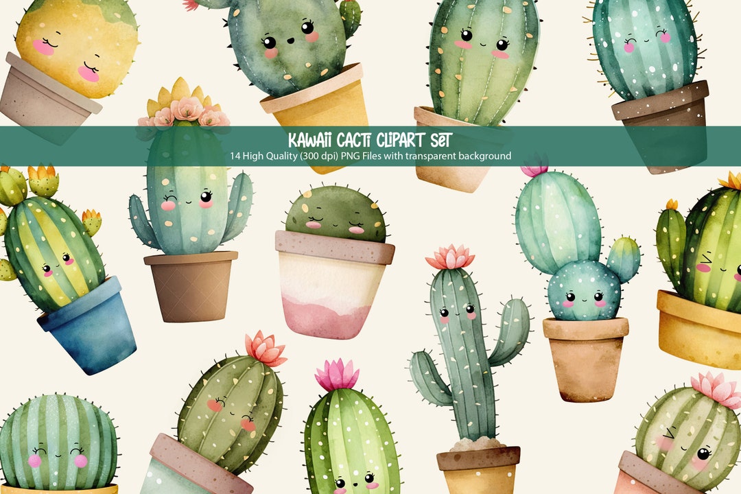 Cute Kawaii Cactus Clip Art - 14 High-quality PNG Files, Cactus Graphic ...